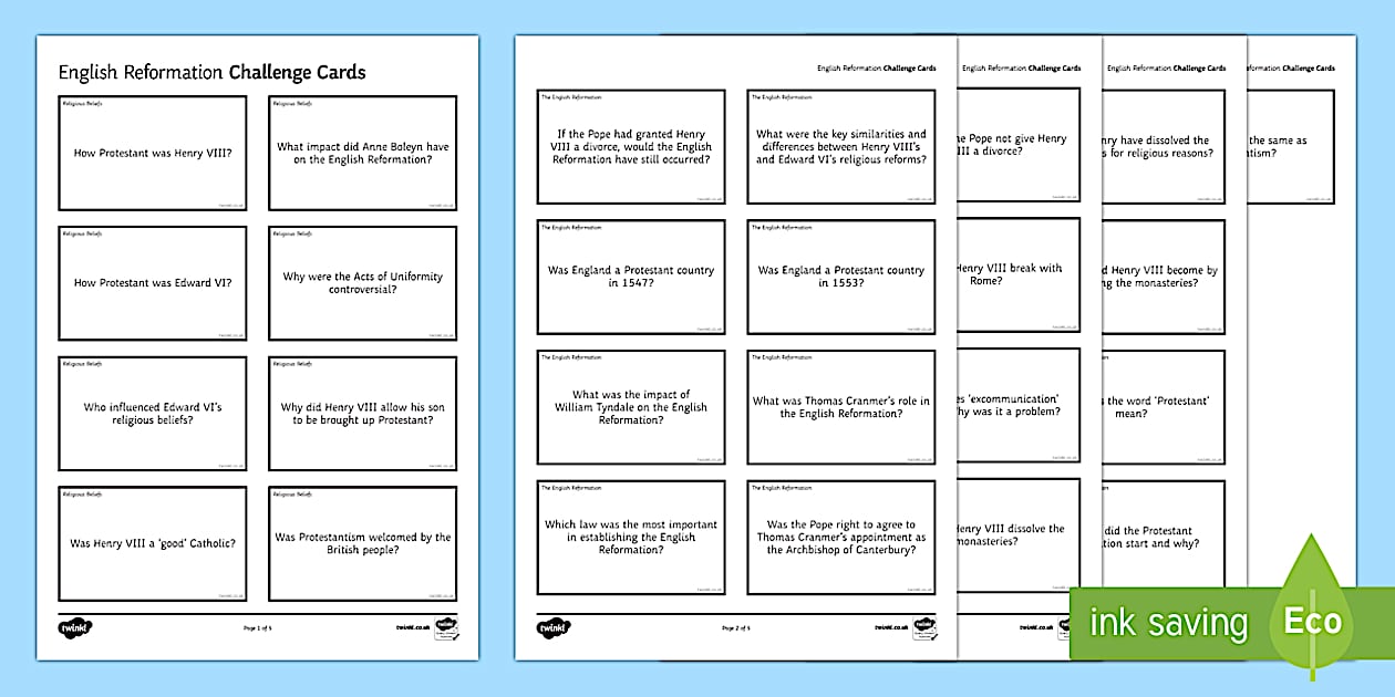 English Reformation Challenge Cards (teacher made) - Twinkl