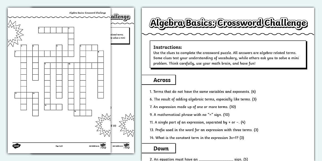 Algebra Basics Crossword Challenge Worksheet - Twinkl