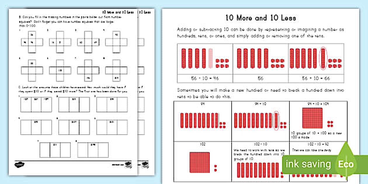 10 More and 10 Less Worksheet | Twinkl Math Resources USA