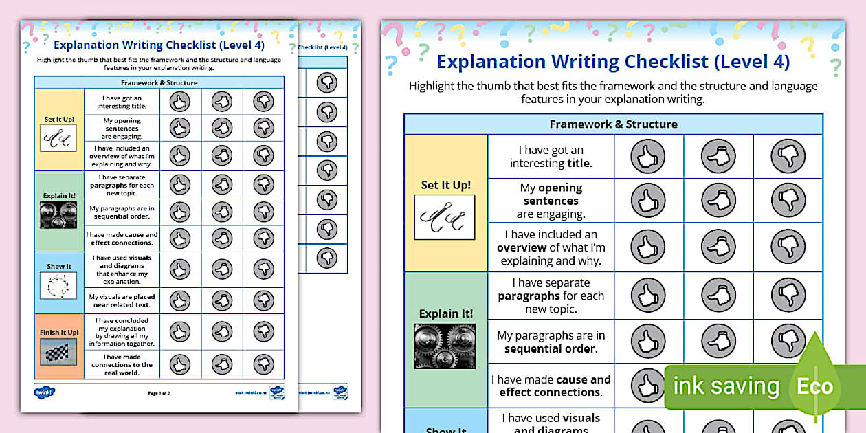 Level 4 Explanation Writing: Student Checklist - Twinkl
