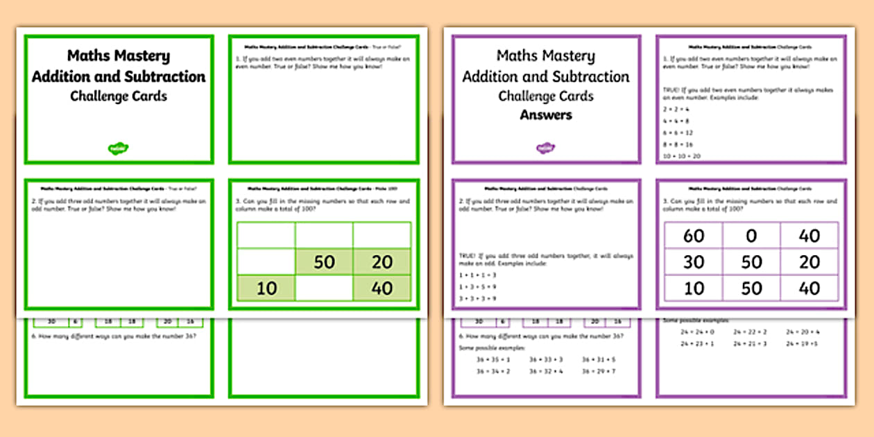Year 2 Maths Mastery Add and Subtract Numbers Challenge Cards