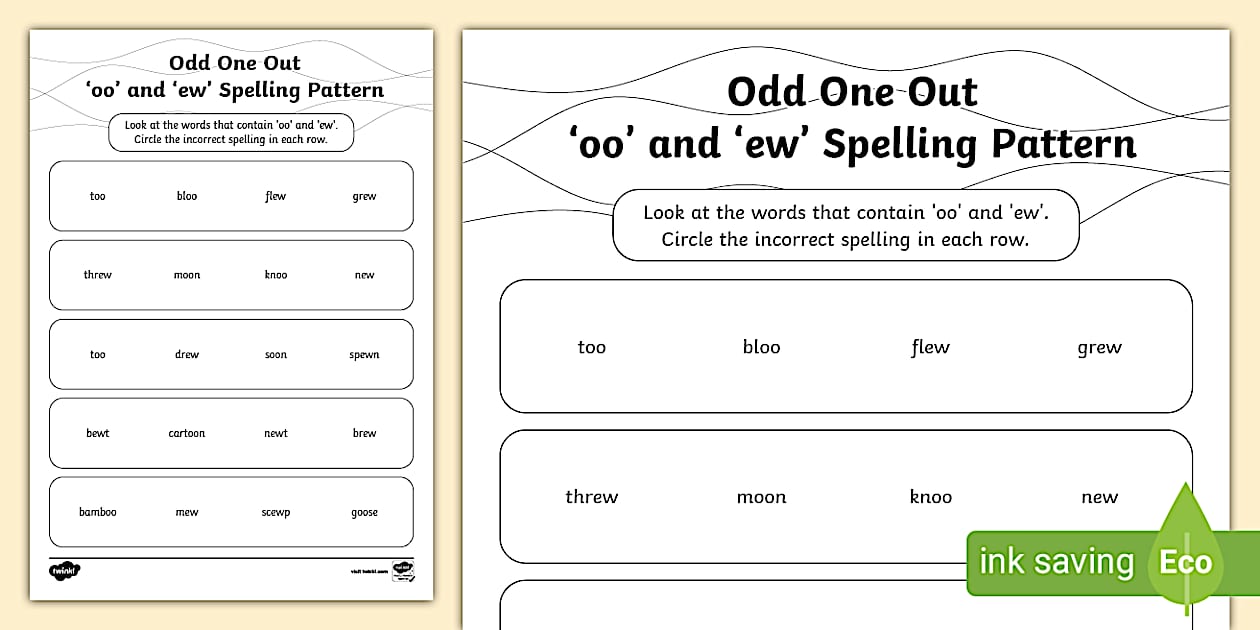 'oo' and 'ew' Spelling Pattern Odd One Out Worksheet