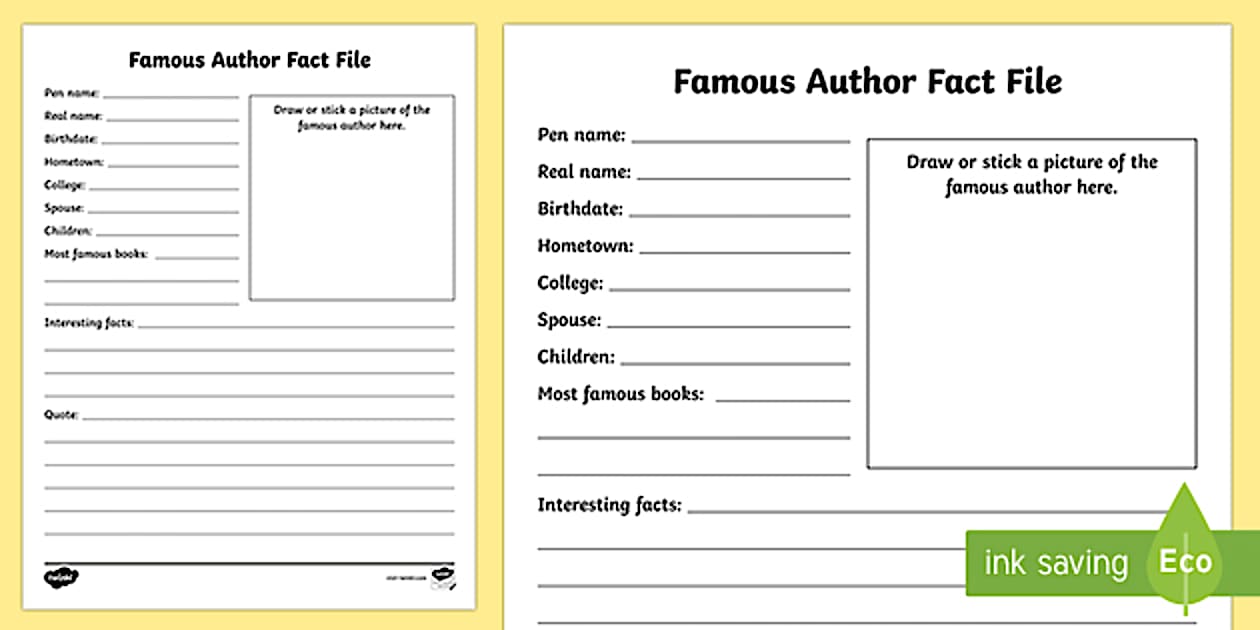 Editable Famous Author Fact File Writing Template for 3rd-5th Grade