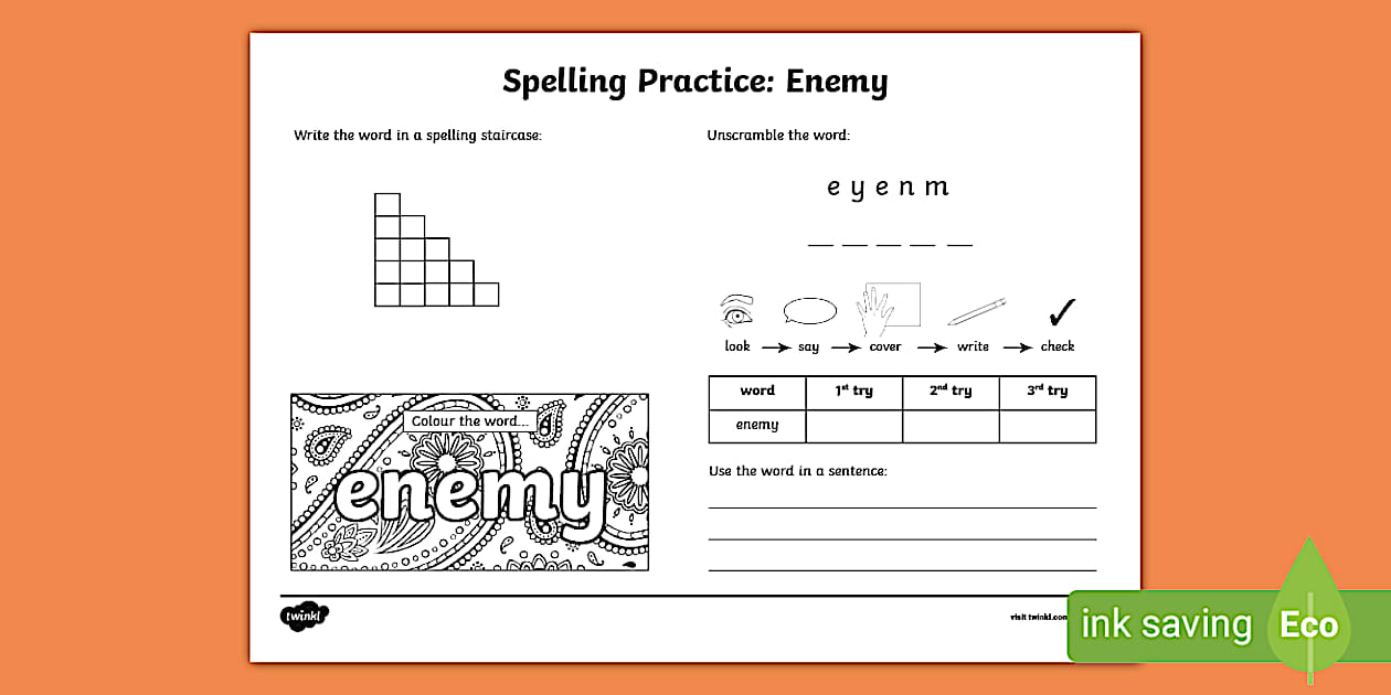 Enemy Spelling Practice Worksheet (teacher made) - Twinkl