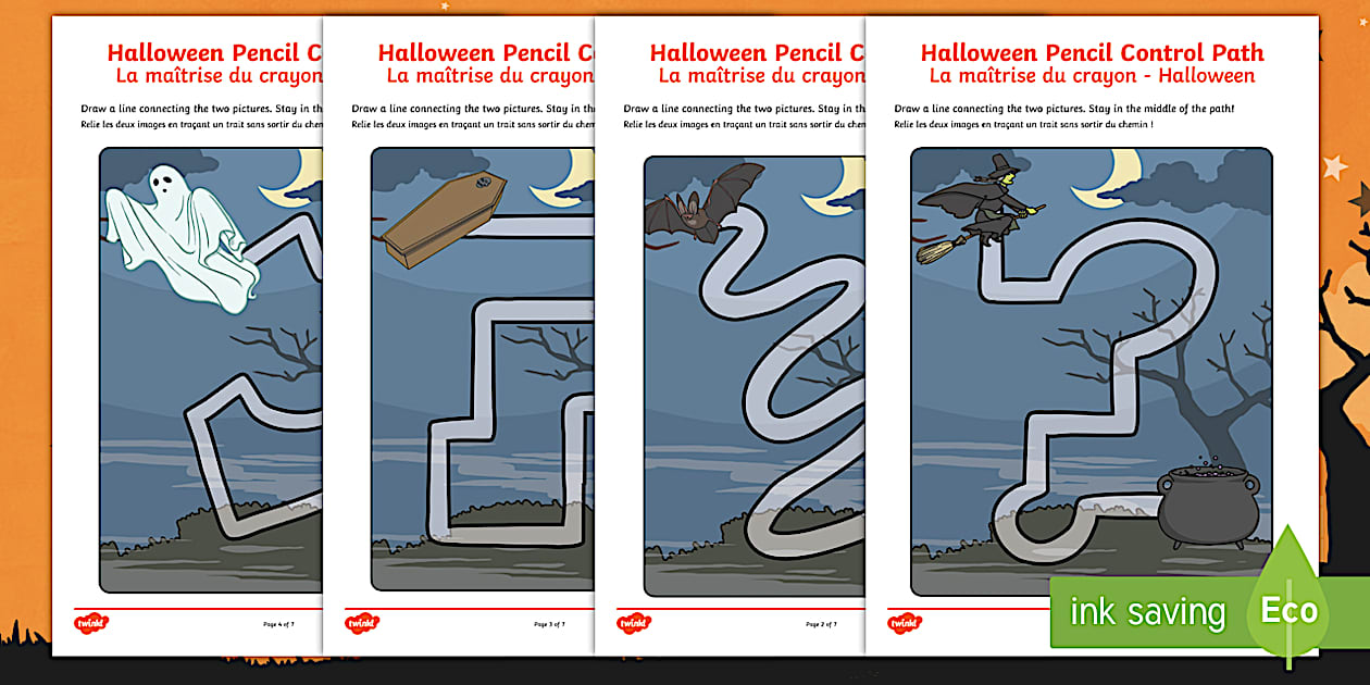 Halloween Pencil Control Paths Worksheet / Worksheets English/French