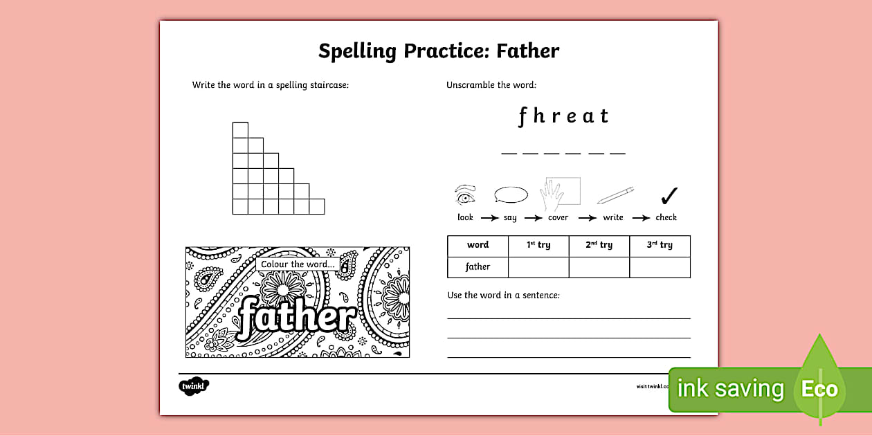 Father Spelling Practice Worksheet (Teacher-Made) - Twinkl