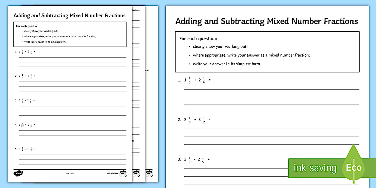 Adding And Subtracting Mixed Fractions Worksheet Twinkl