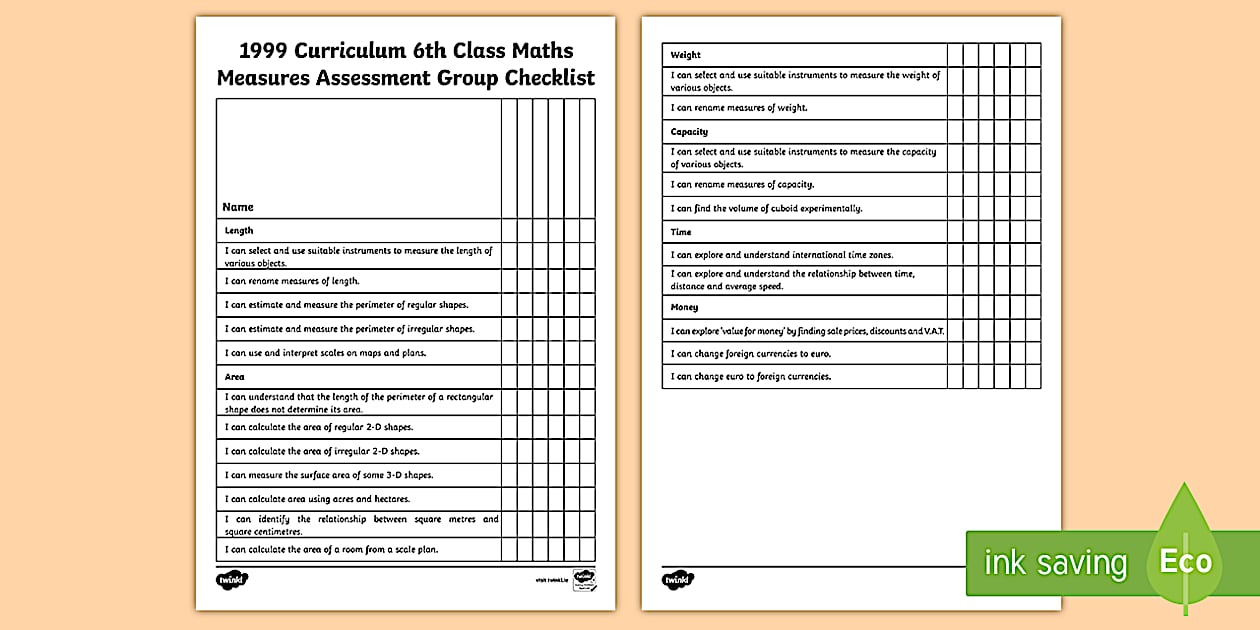 1999 Curriculum 6th Class Maths Measures Assessment Group Checklist