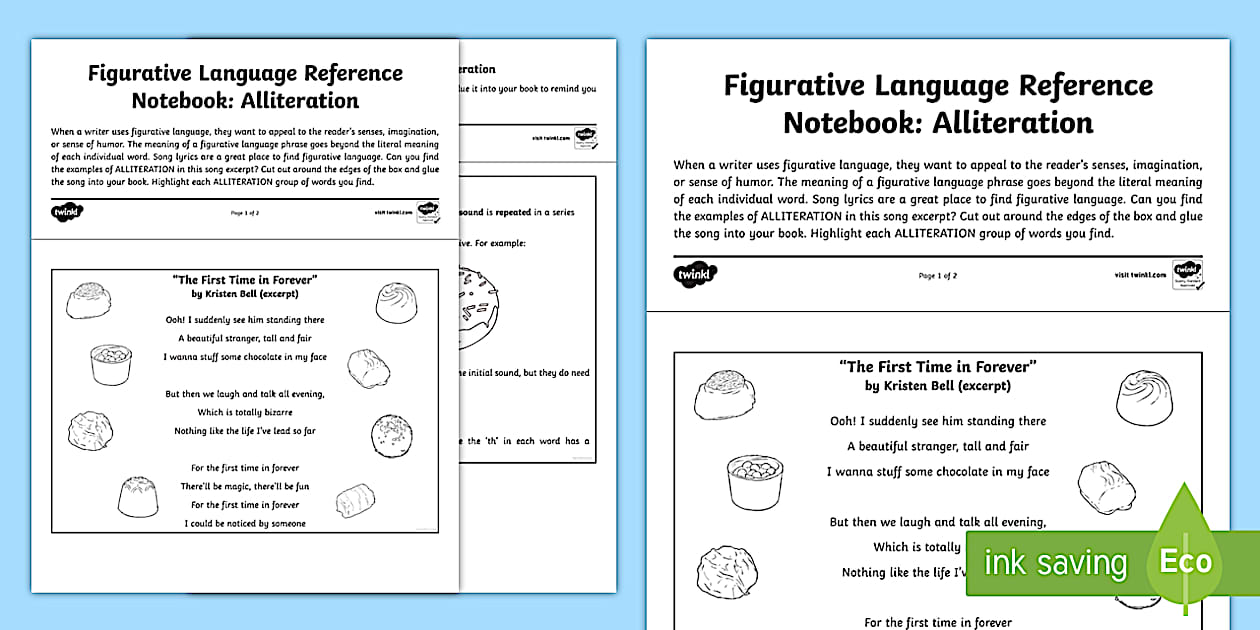 Figurative Language Reference Notebook: Alliteration Worksheet for 3rd-5th