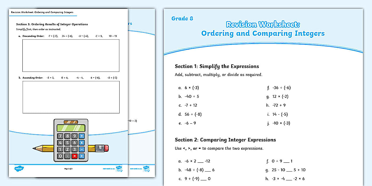 Grade 8 Worksheet: Compare and Order Integers - Twinkl