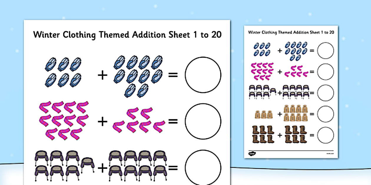 Cursive Winter Clothing Themed Addition Sheet 1-20 - Twinkl