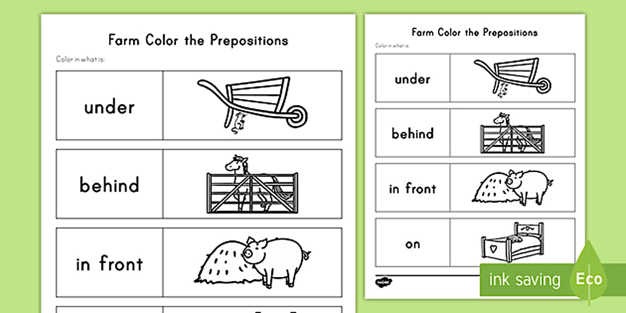 Farm Color the Prepositions Worksheet (teacher made)