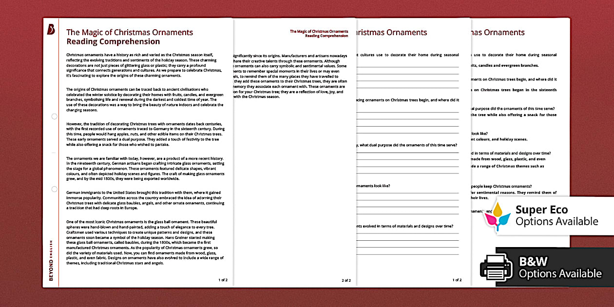 The Magic of Christmas Ornaments Reading Comprehension