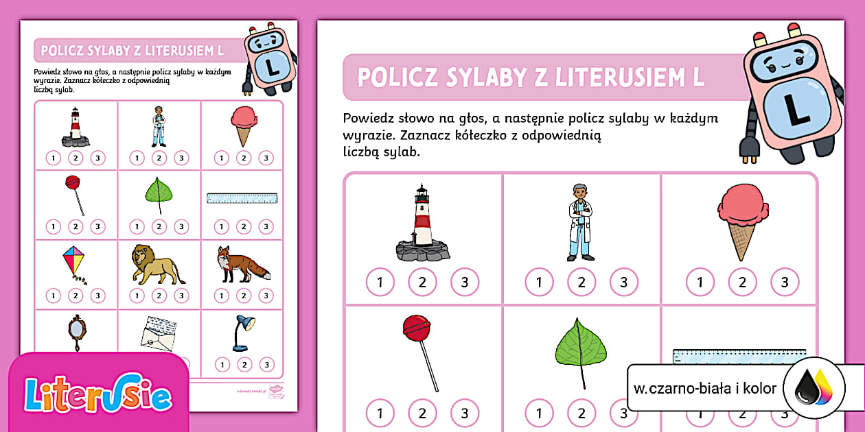 Literuś L | Policz sylaby w wyrazach na L | Karta pracy