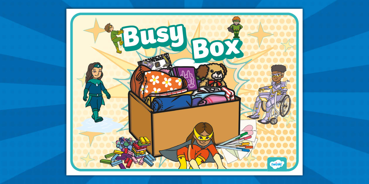 Superhero-Themed Busy Box Display Sign - Twinkl