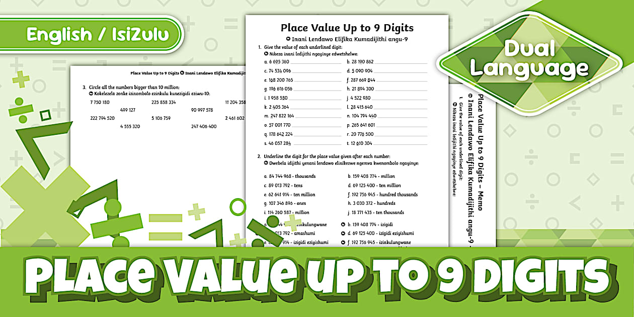 Place Value Up to 9 Digits Activity Sheet