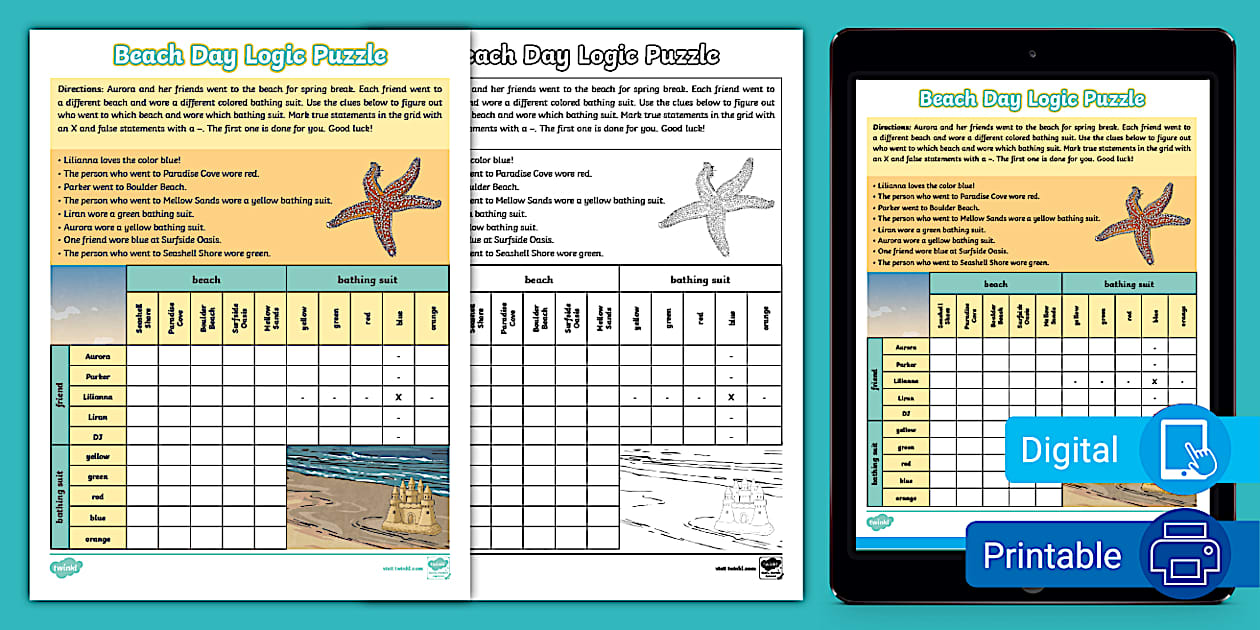 Beach Day Logic Puzzle for 3rd-5th Grade (Teacher-Made)