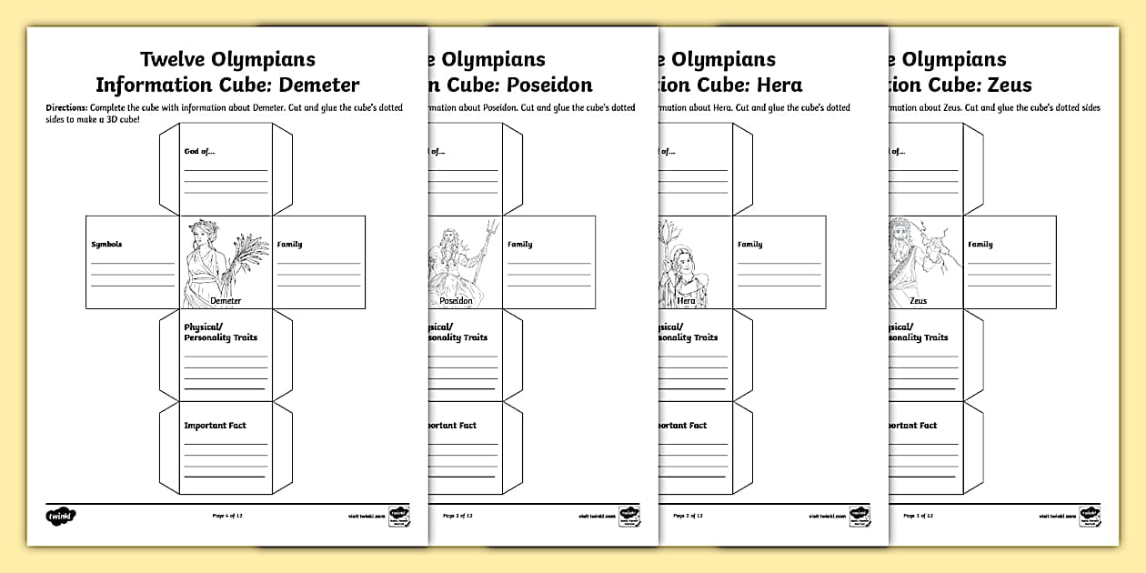 Twelve Olympians Greek Mythology Information Cubes Worksheet
