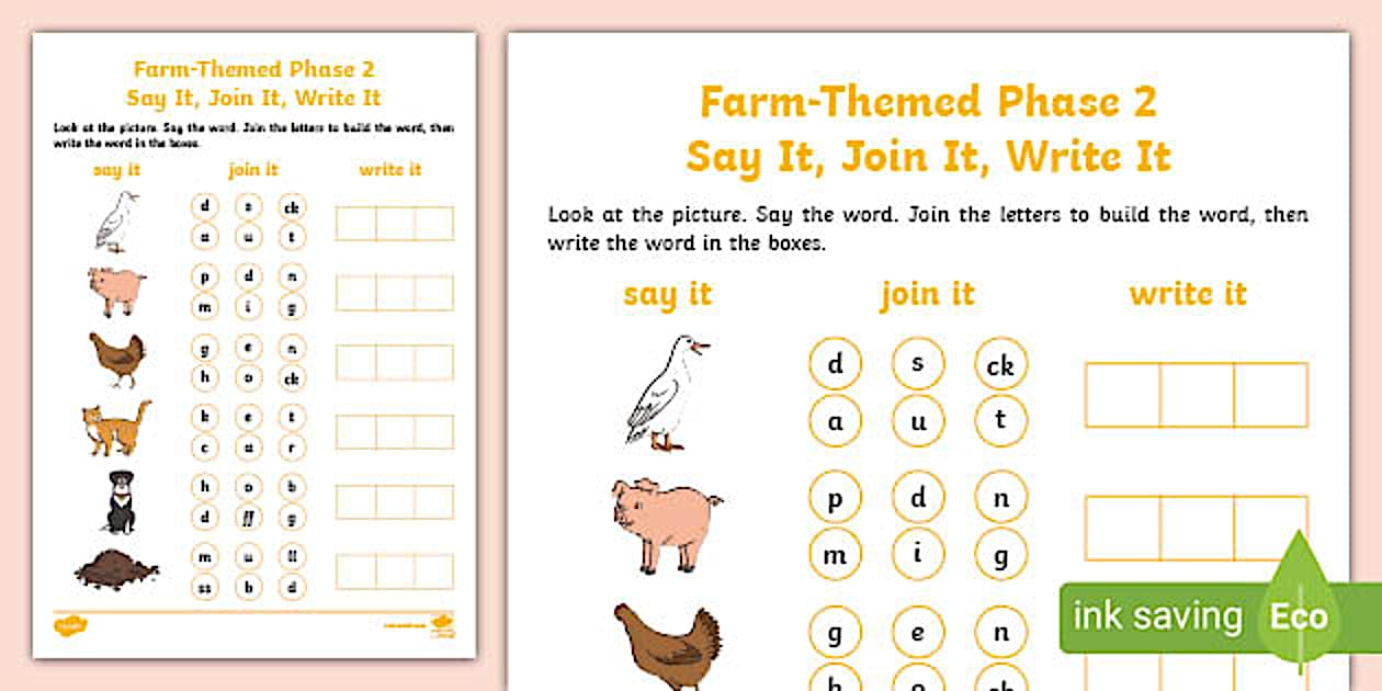 Editable Farm-Themed Phase 2 Say It, Join It, Write It Activity