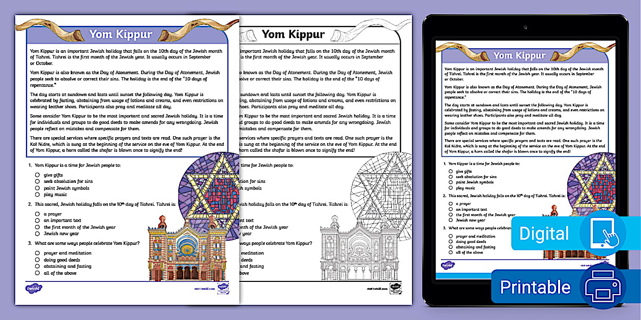 Fifth Grade Yom Kippur Reading Passage Comprehension Activity