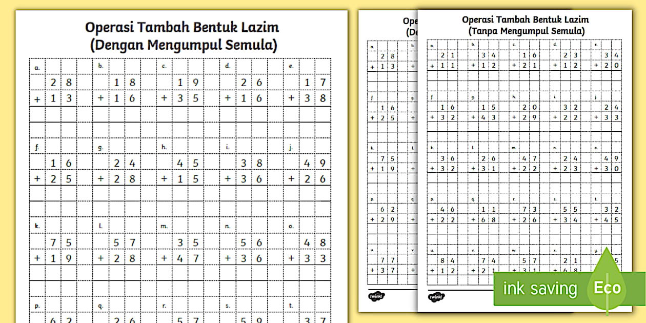 Lembaran Kerja Matematik Operasi Tambah Bentuk Lazim