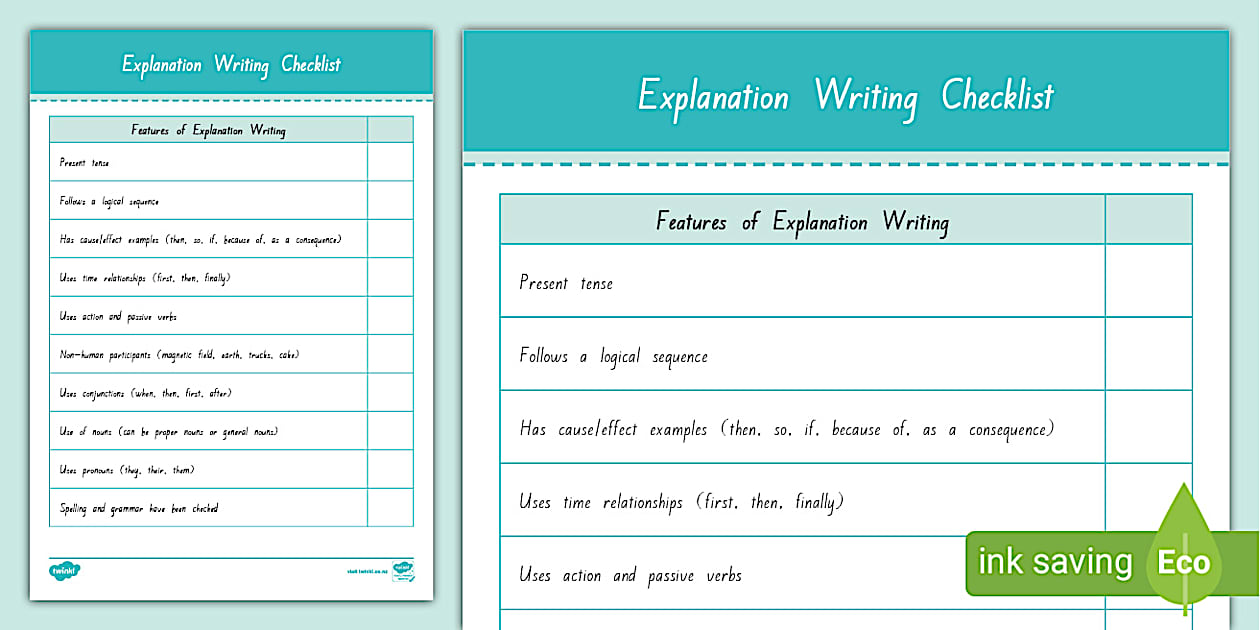 Level 3 (Phase 2) Writing - Explanation Checklist - Twinkl