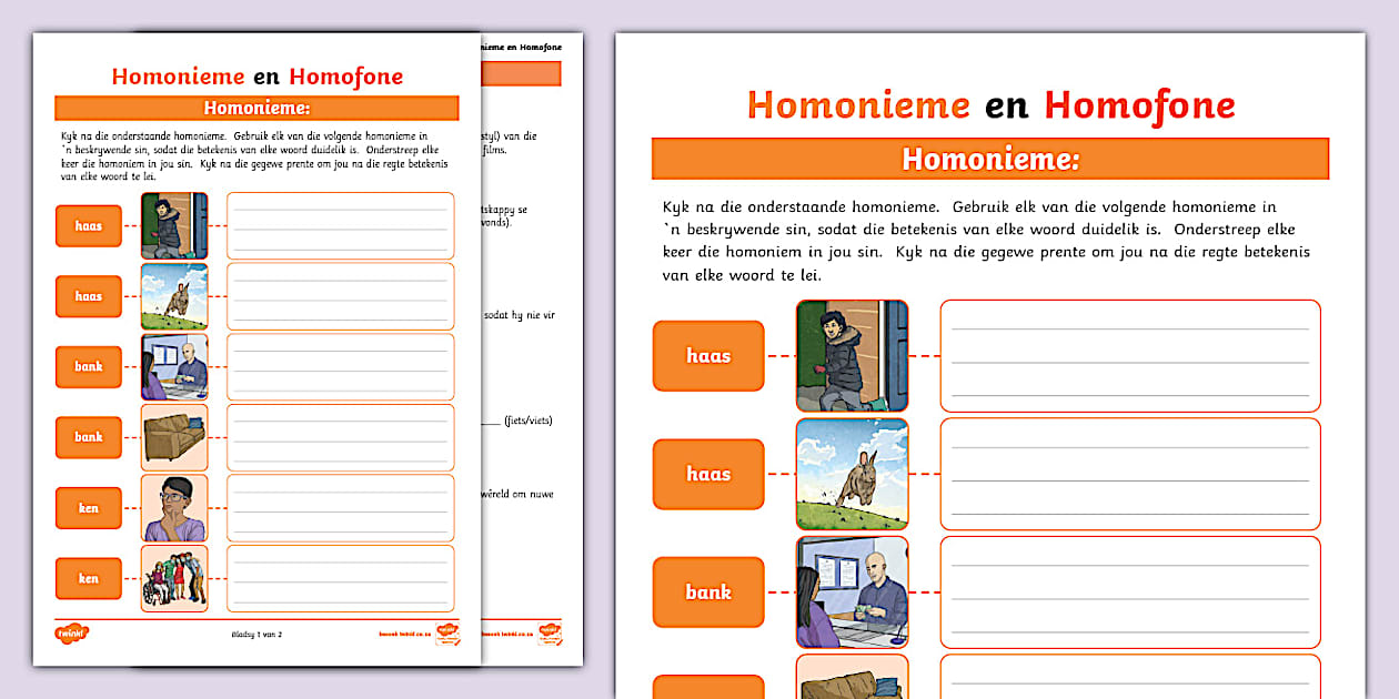Homonieme en Homofone Werkkaarte | Twinkl Suid-Afrika
