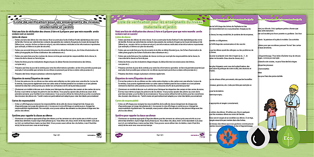 Back to School Kindergarten Teacher Checklist French