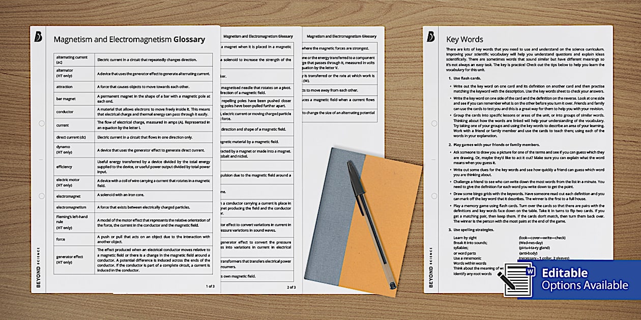 Editable GCSE Physics: Magnetism and Electromagnetism Glossary