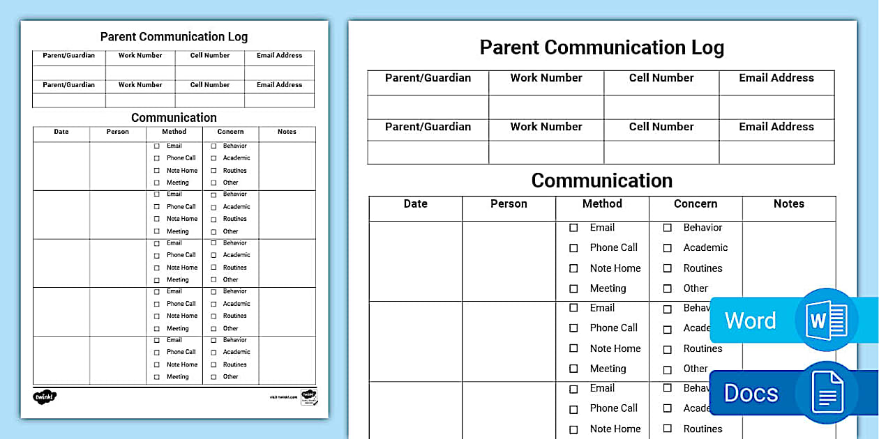 Editable Parent Communication Log (teacher made) - Twinkl