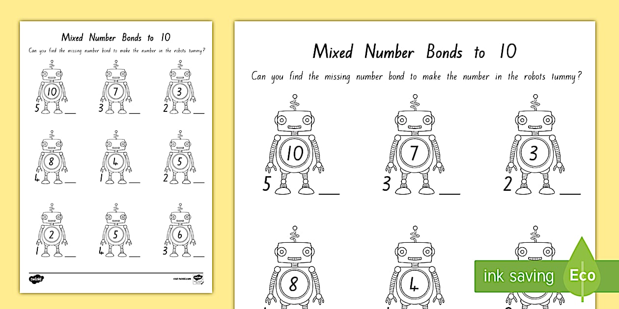 Mixed Number Bonds to 10 on Robots Worksheet / Worksheet