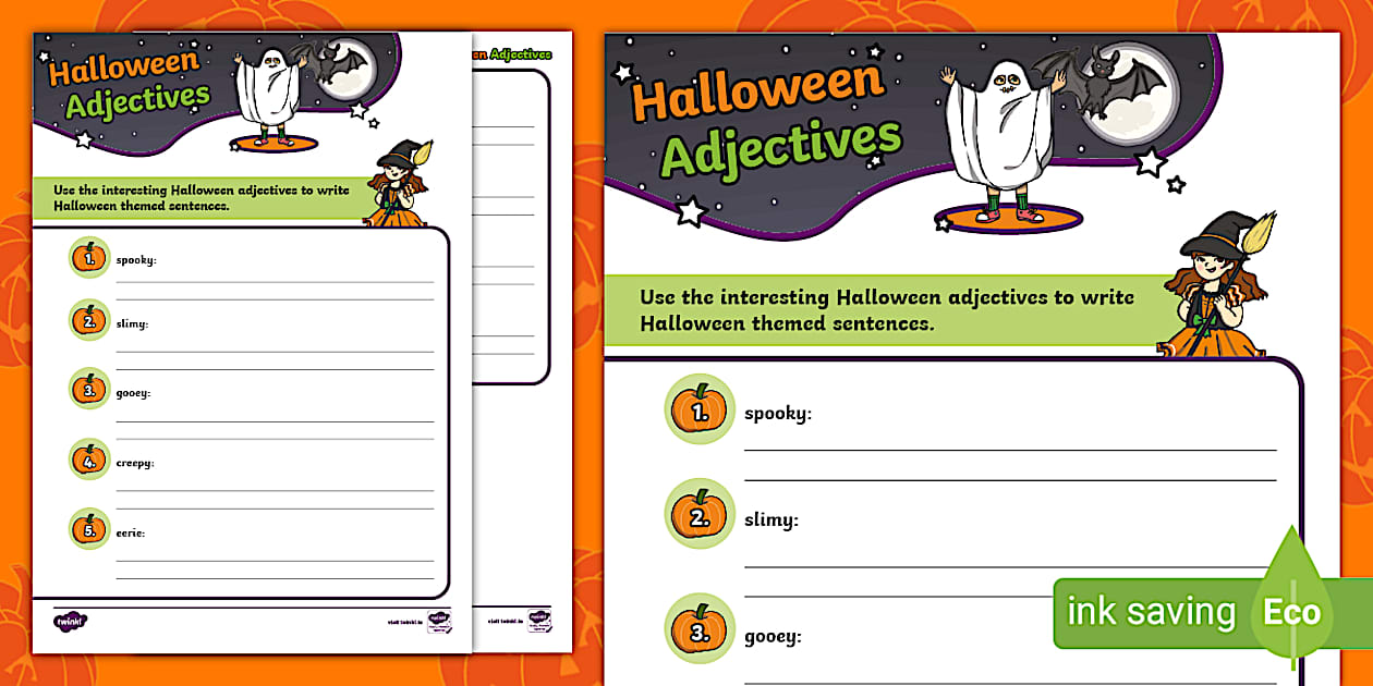 Halloween Adjectives Activity sheet (Teacher-Made) - Twinkl