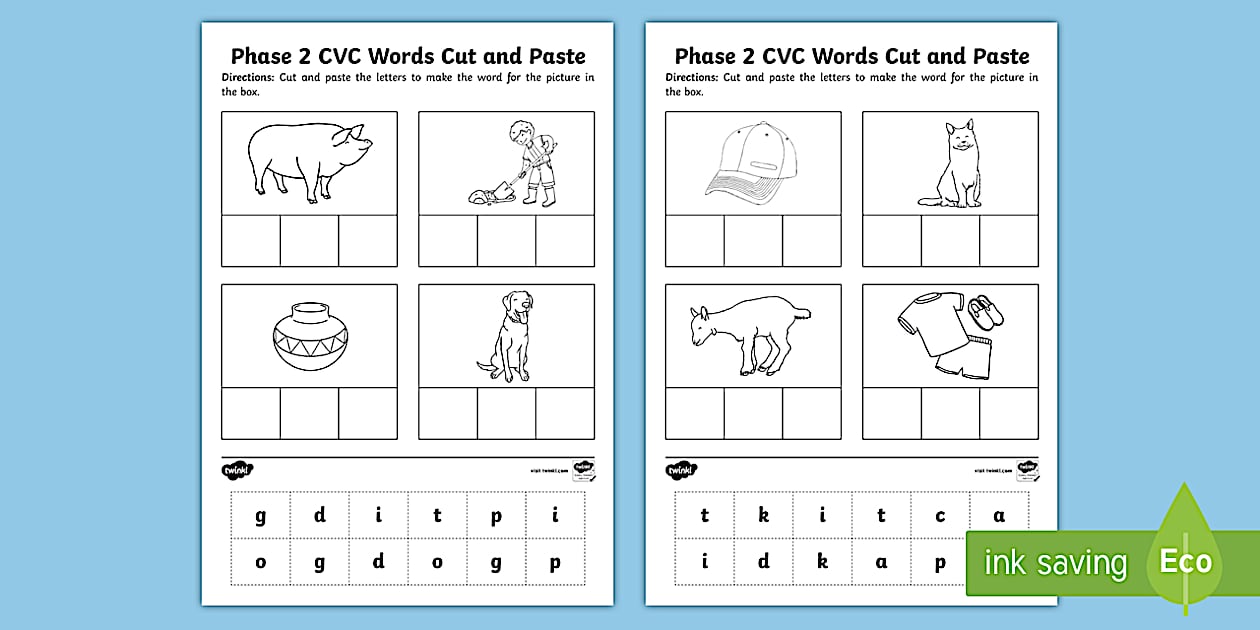 NSW Phase 2 Set 3 CVC Words Cut and Paste Worksheet - Twinkl