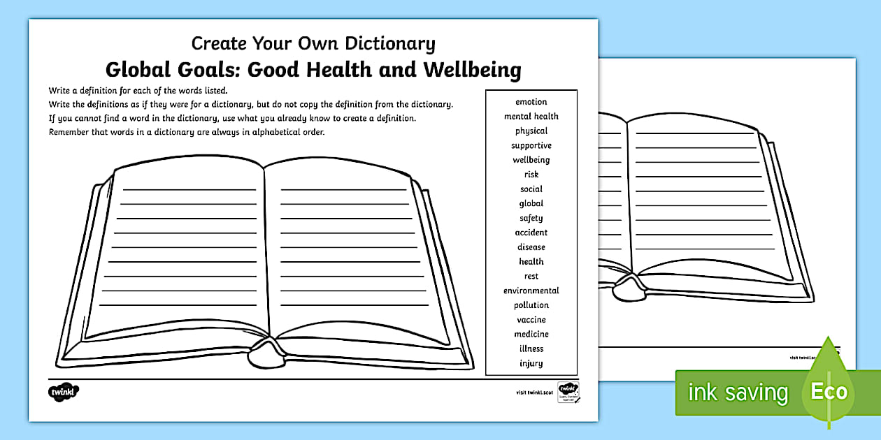 Global Goals Good Health and Wellbeing Create Your Own Dictionary Activity