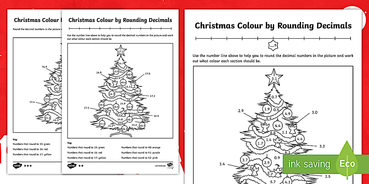 Christmas Themed Colour by Rounding Decimals Differentiated Worksheet
