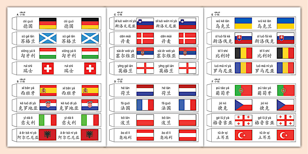 Singapore Mandarin with Pinyin Euro 2024 Country Name and Flags Wristbands
