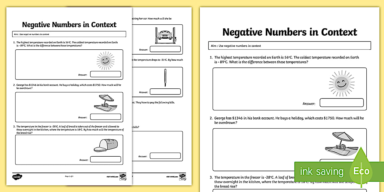 Contextual Addition Of Negative Numbers Worksheet - Twinkl