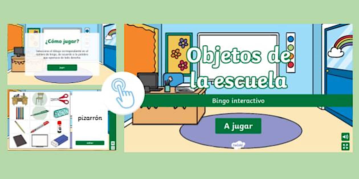 Bingo interactivo: Objetos de la escuela (teacher made)