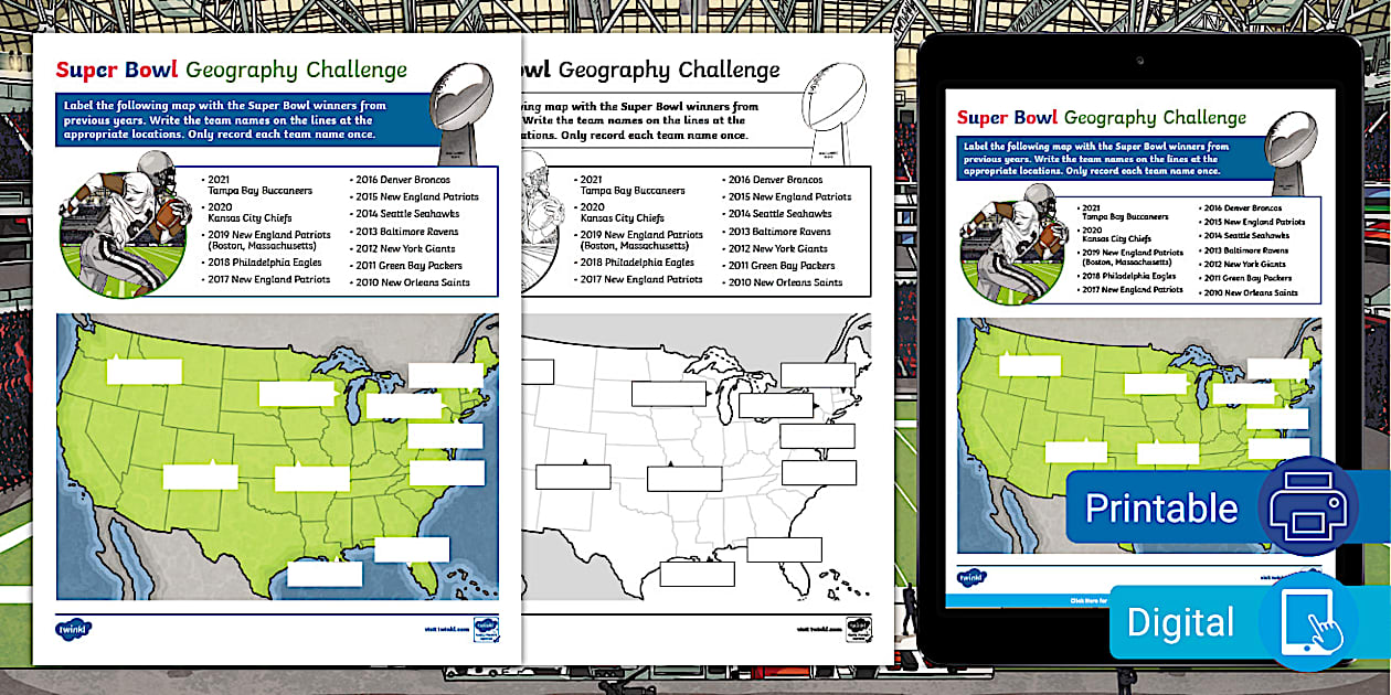 Super Bowl Geography Activity for 3rd-5th Grade - Twinkl