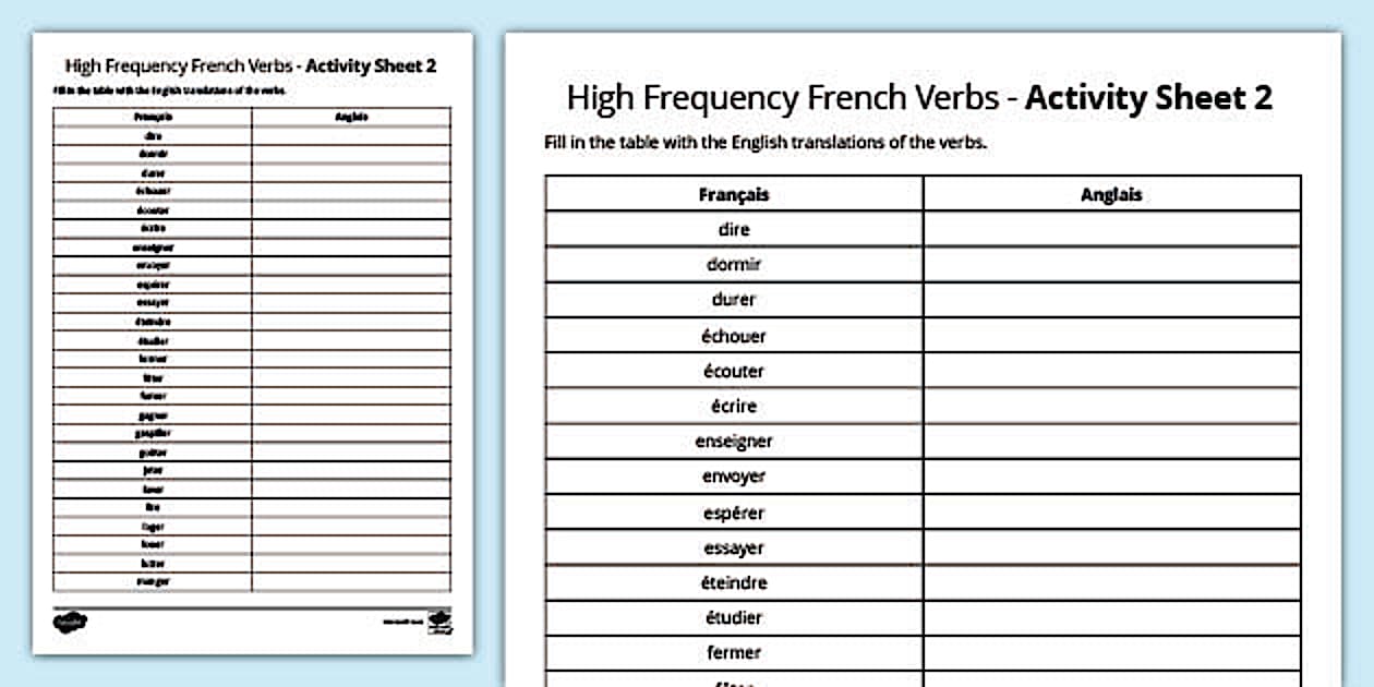 100 High Frequency French Verbs Worksheet / Worksheet 2, worksheet
