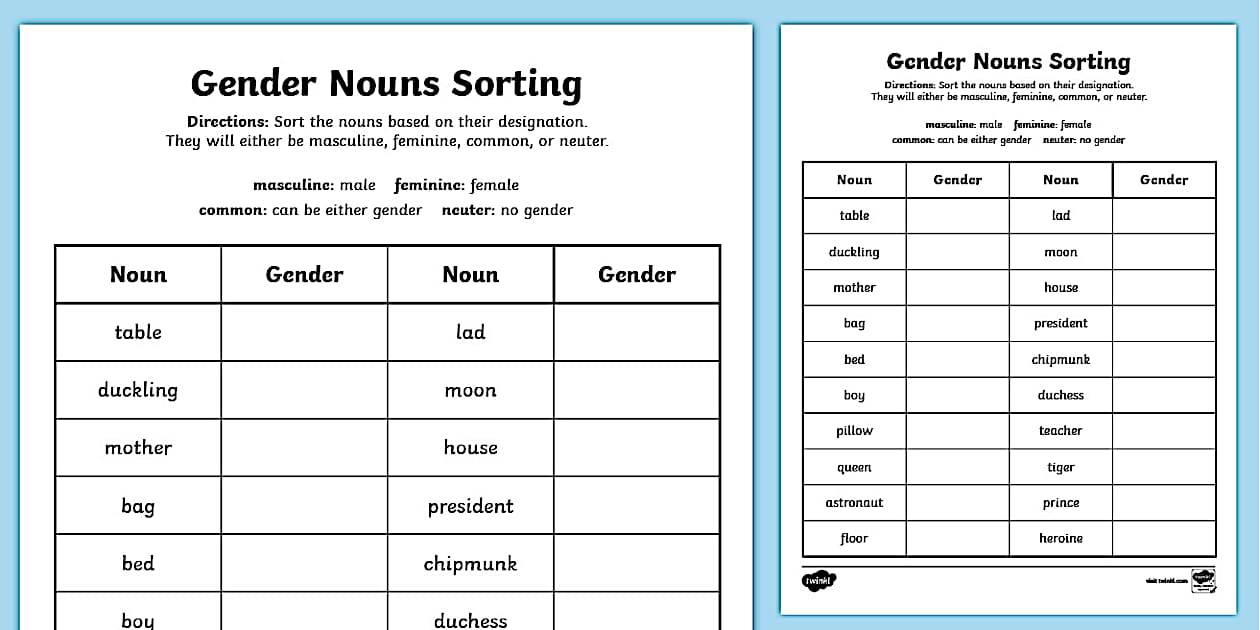 Gender Nouns Sorting Worksheet for English Language Learners