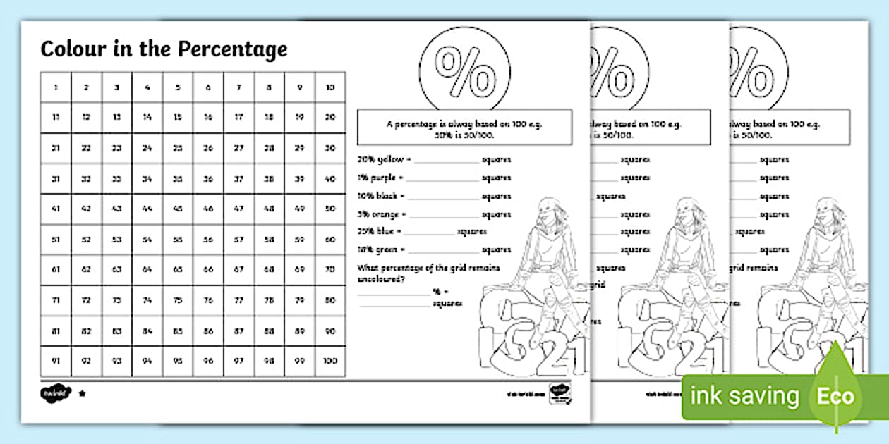 Colour in Percentage 100 Number Square Worksheet - Twinkl