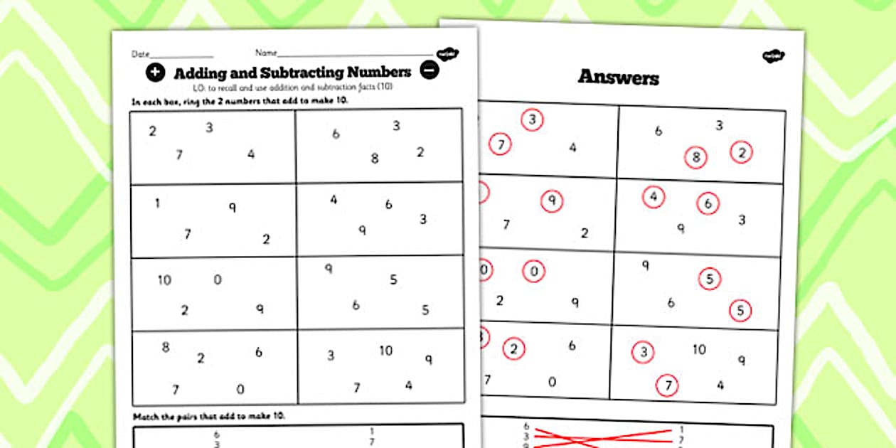 Number Facts to 20 Find Pairs to 10 Worksheet (teacher made)