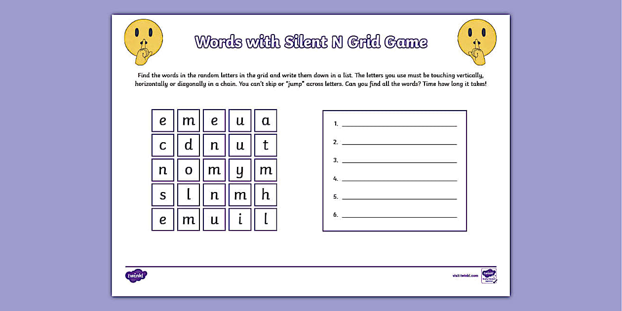 Words with Silent N Word Grid Game