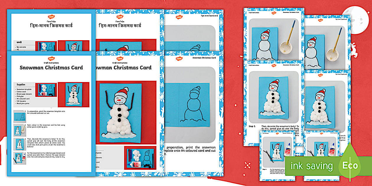 Snowman Christmas Card Craft Instructions English/Hindi
