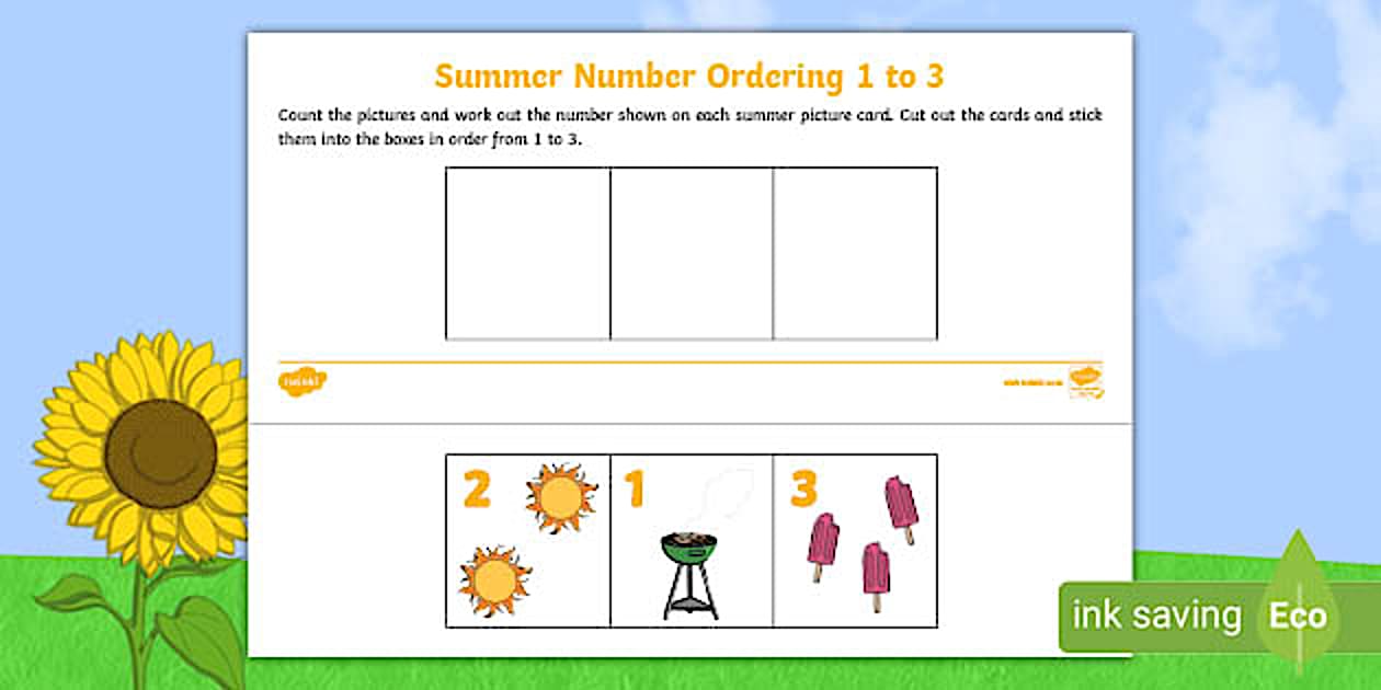 Cursive Summer-Themed Number Ordering 1 to 3 Activity