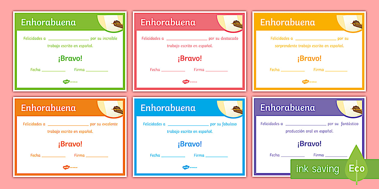 End of Year Written Work Award Certificates Spanish