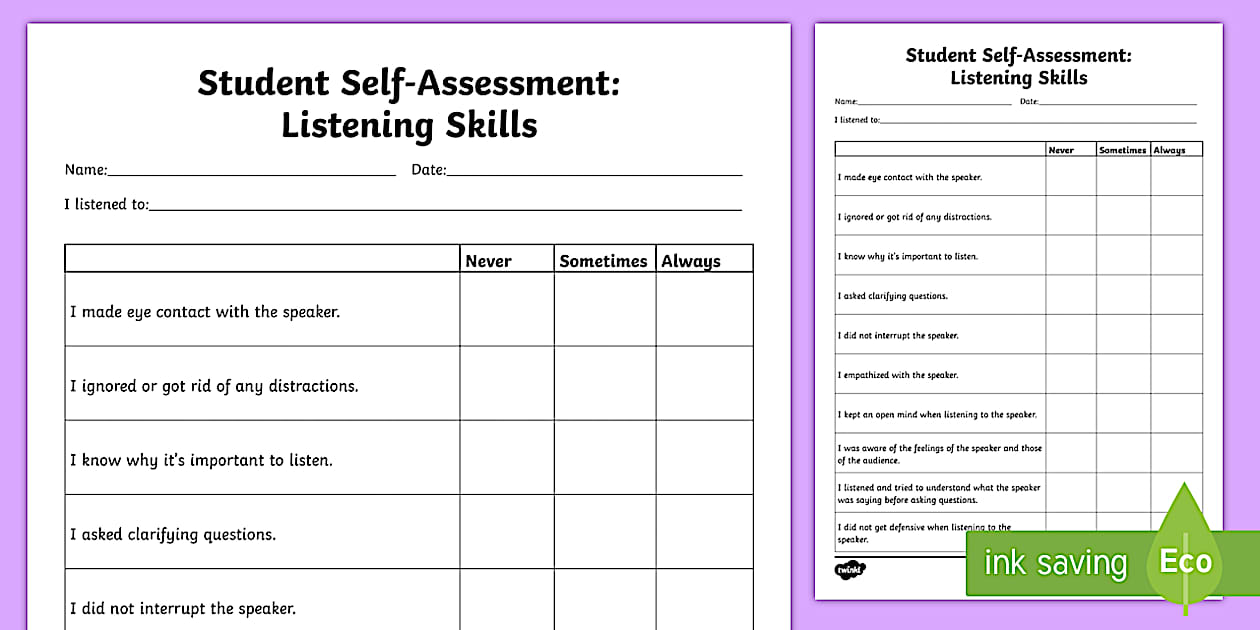Student Self-Assessment: Listening Skills Worksheet / Worksheet