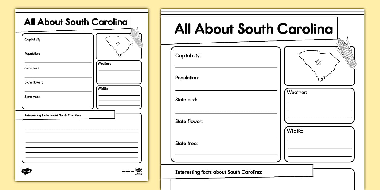 All About South Carolina Research Worksheet for K-2nd Grade
