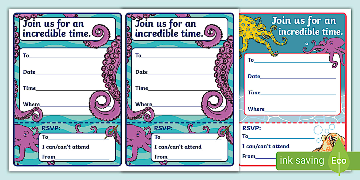 Octopus Themed Party Invitations for writing activities